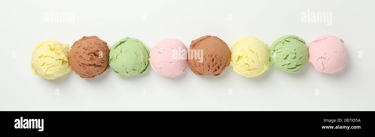 Ice cream balls on white background, top view. Horizontal photo Stock ...