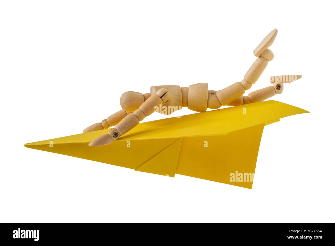 Wooden pilot flying on a his yellow plane. Isolated on white background ...