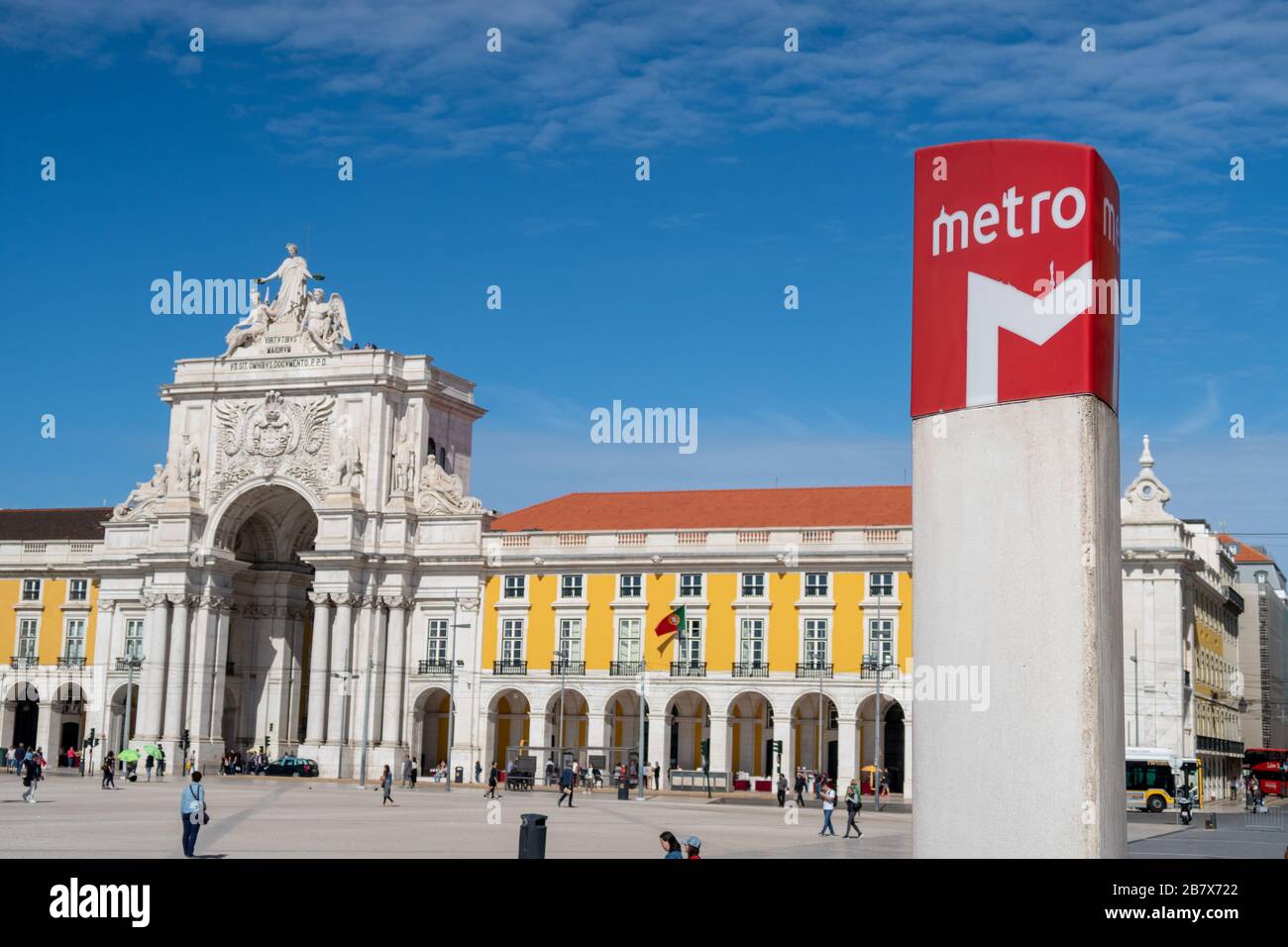 Lisbon, Portugal - 8 March 2020: Subway station sign and Arco da Rua ...