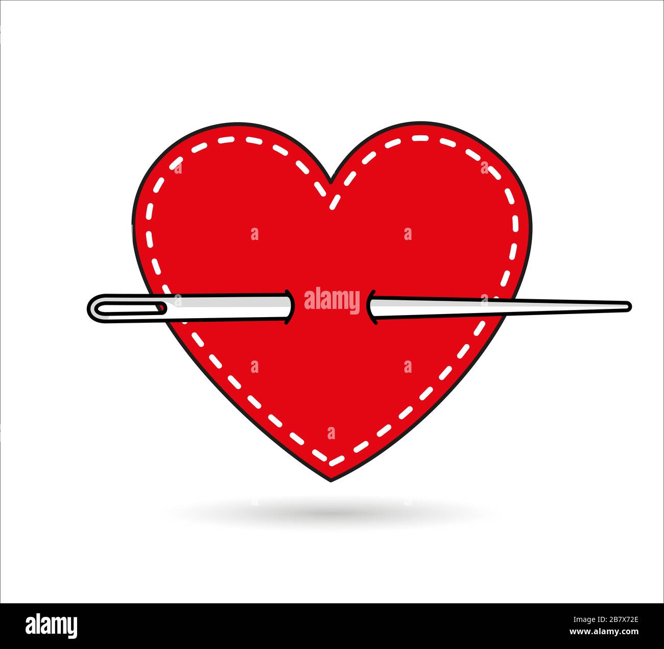 needle goes through a red heart made of fabric on a white background ...