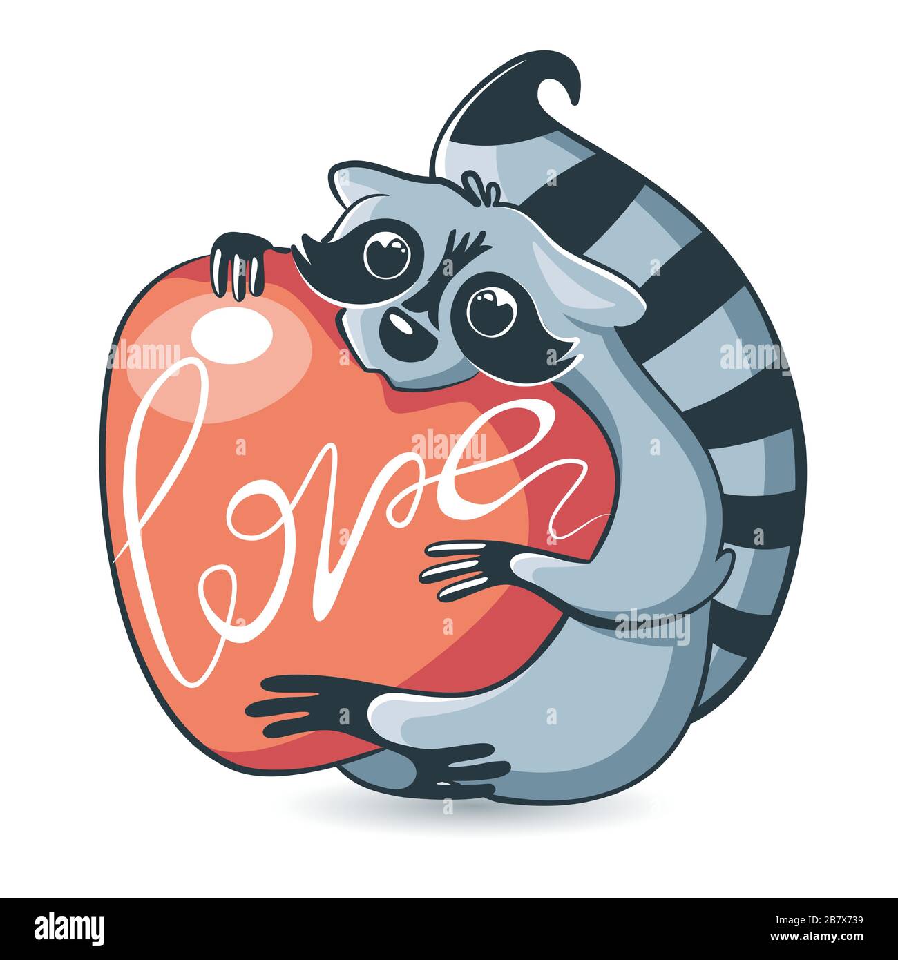 cute raccoon hugs a huge, red heart. Cartoon animal. Love concept ...
