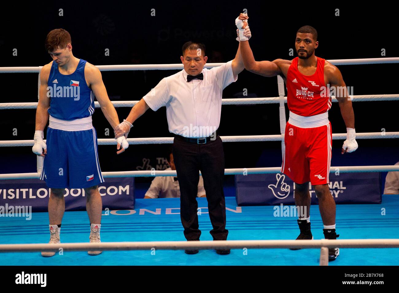 London, UK. 16-03-20. Angel Roque (SUI) RED fights Milos Bartl (CZE) BLUE during the Road to ...