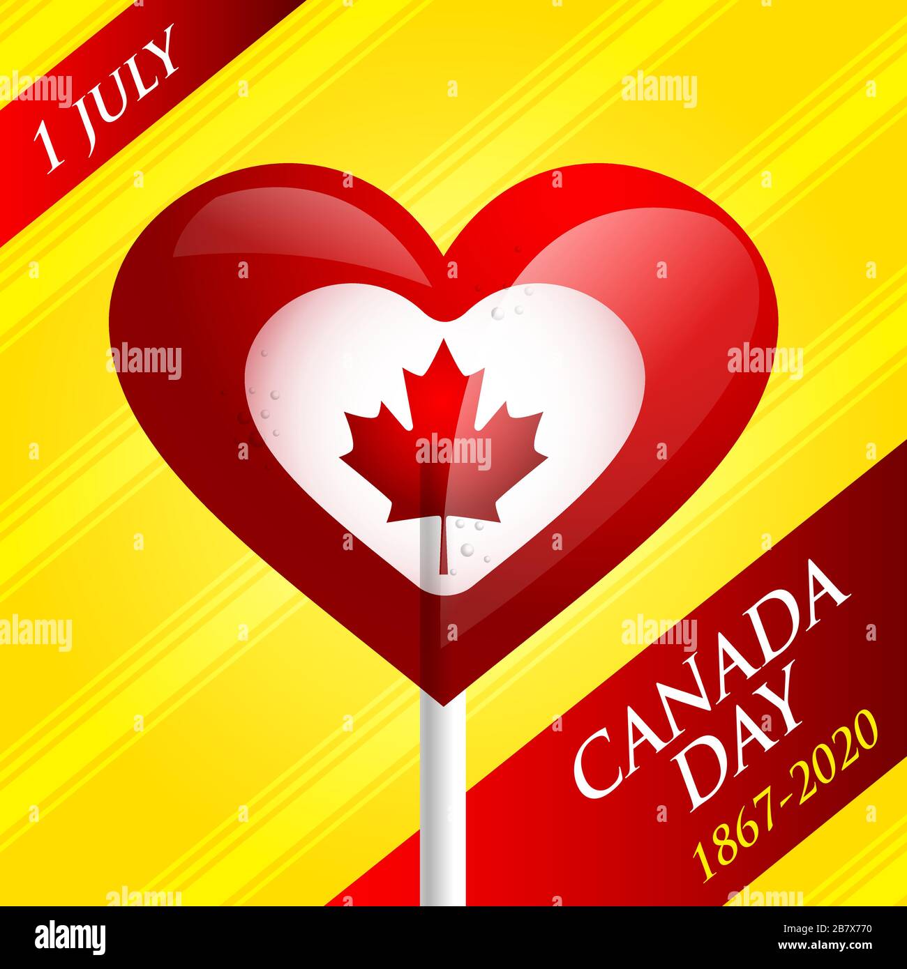 Heart shaped sweet lollipop and maple leaf, Canada symbol on a yellow ...