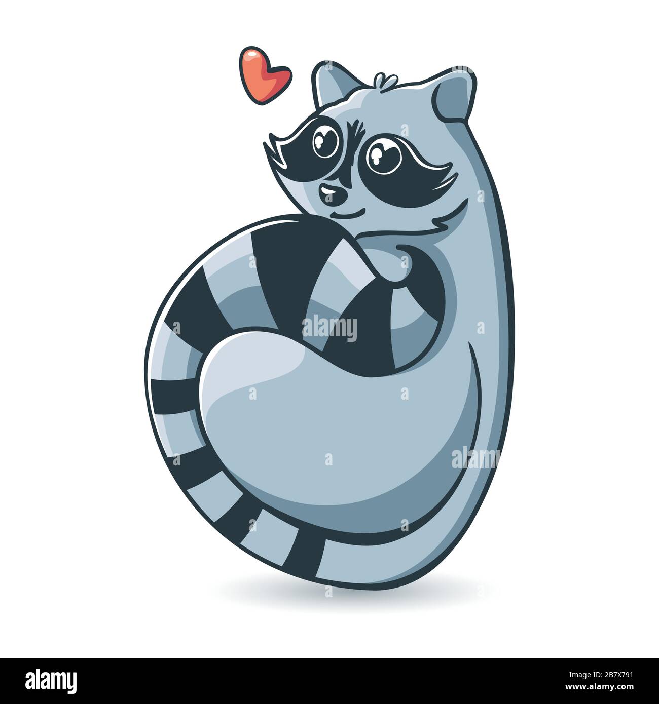 raccoon in love took refuge in a beautiful, fluffy tail. Cartoon animal ...