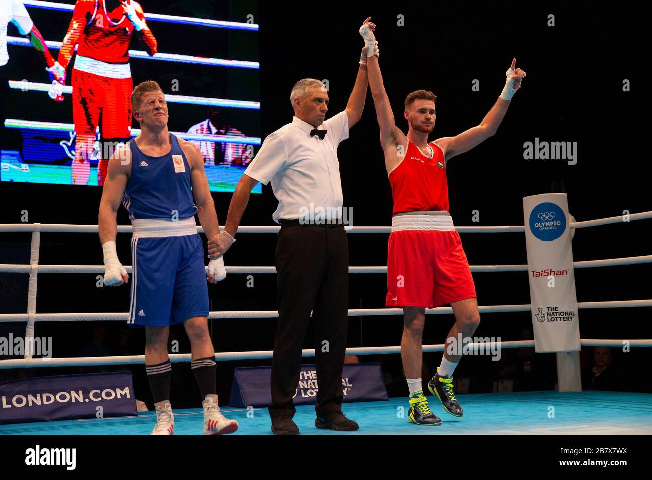 London, UK. 16-03-20. Michael Nevin (IRL) RED fights Max Van Der Pas ...