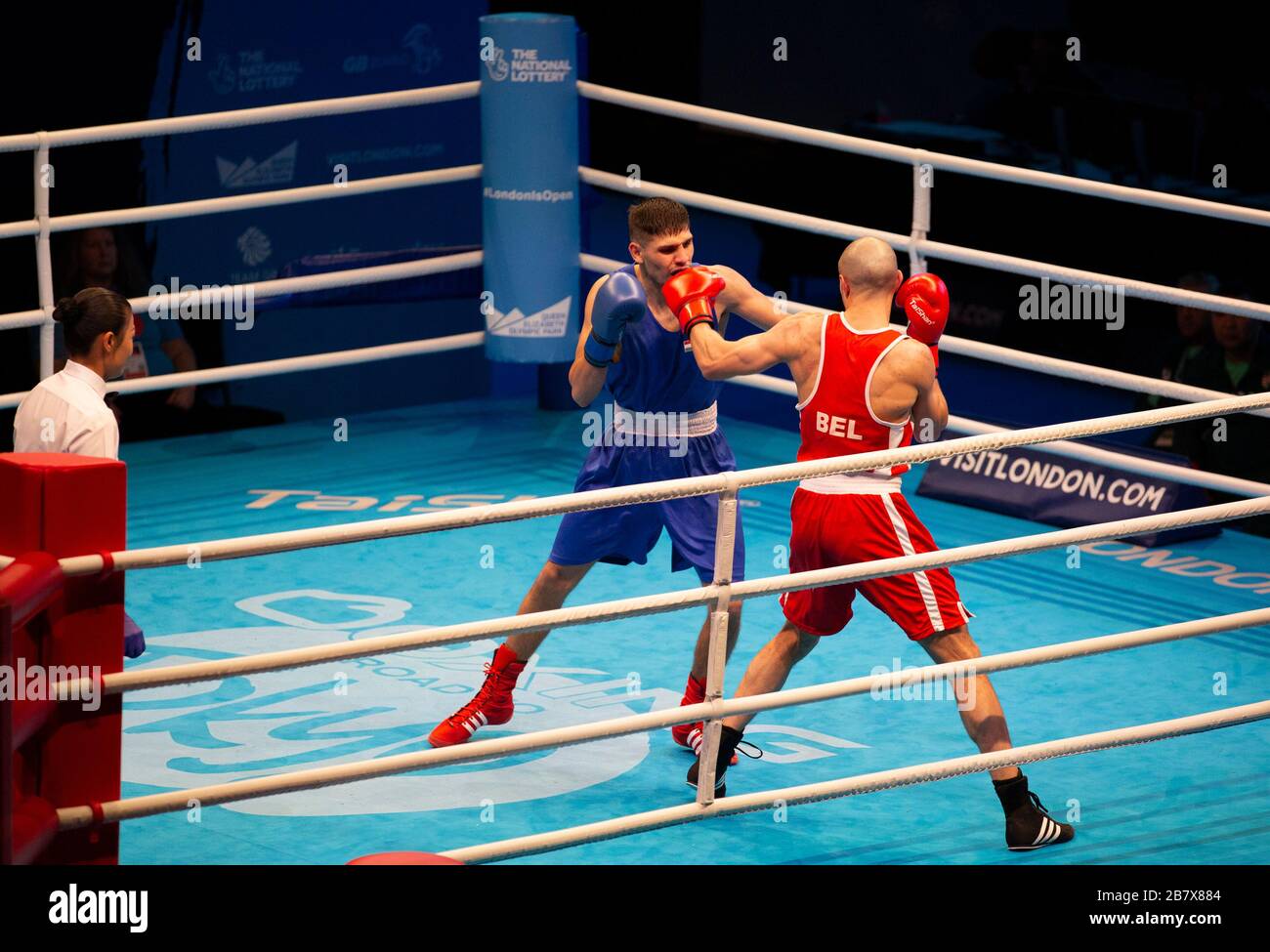 London, UK. 16-03-20. Mohamed Rachem (BEL) RED weight Laszio Kozak (HUN ...