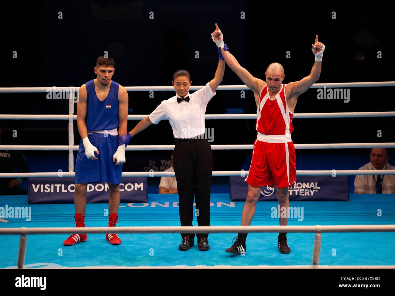 London, UK. 16-03-20. Mohamed Rachem (BEL) RED weight Laszio Kozak (HUN ...