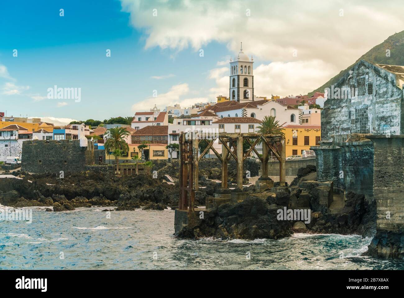 Garachico old town seafront with the old church in the foreground Stock ...