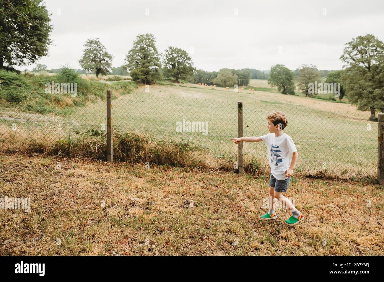 Boy pointing off camera in garden with fields in the background Stock ...