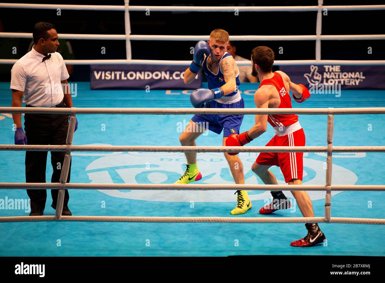 London, UK. 16-03-20. Hamlet Sahadalov (GER) RED fights Kurt A. Walker ...