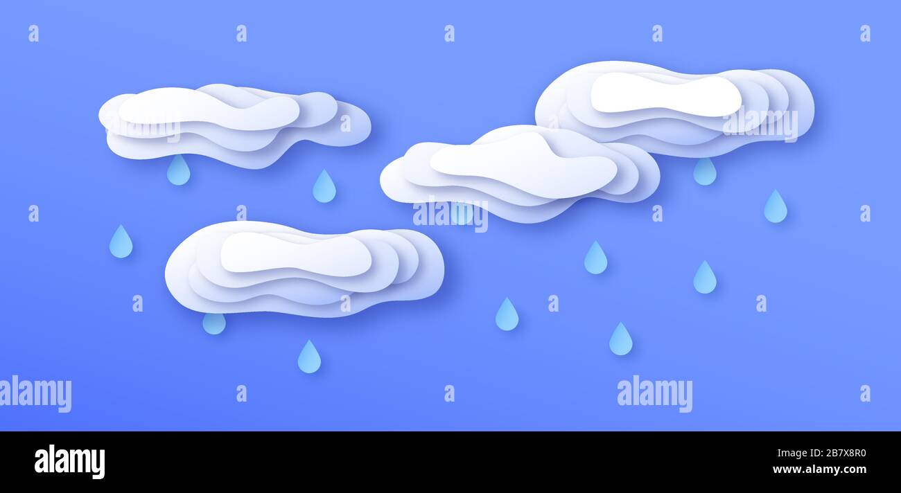 Paper cut storm clouds with raining water drops on isolated blue sky ...