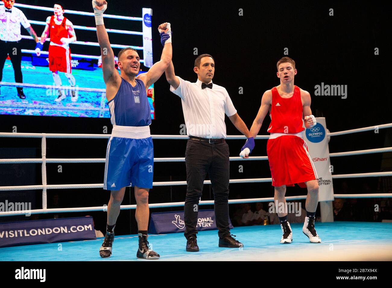 London, UK. 16-03-20. Eric Tudor (ROU) RED fights Dionysos Pefanis (GRE ...
