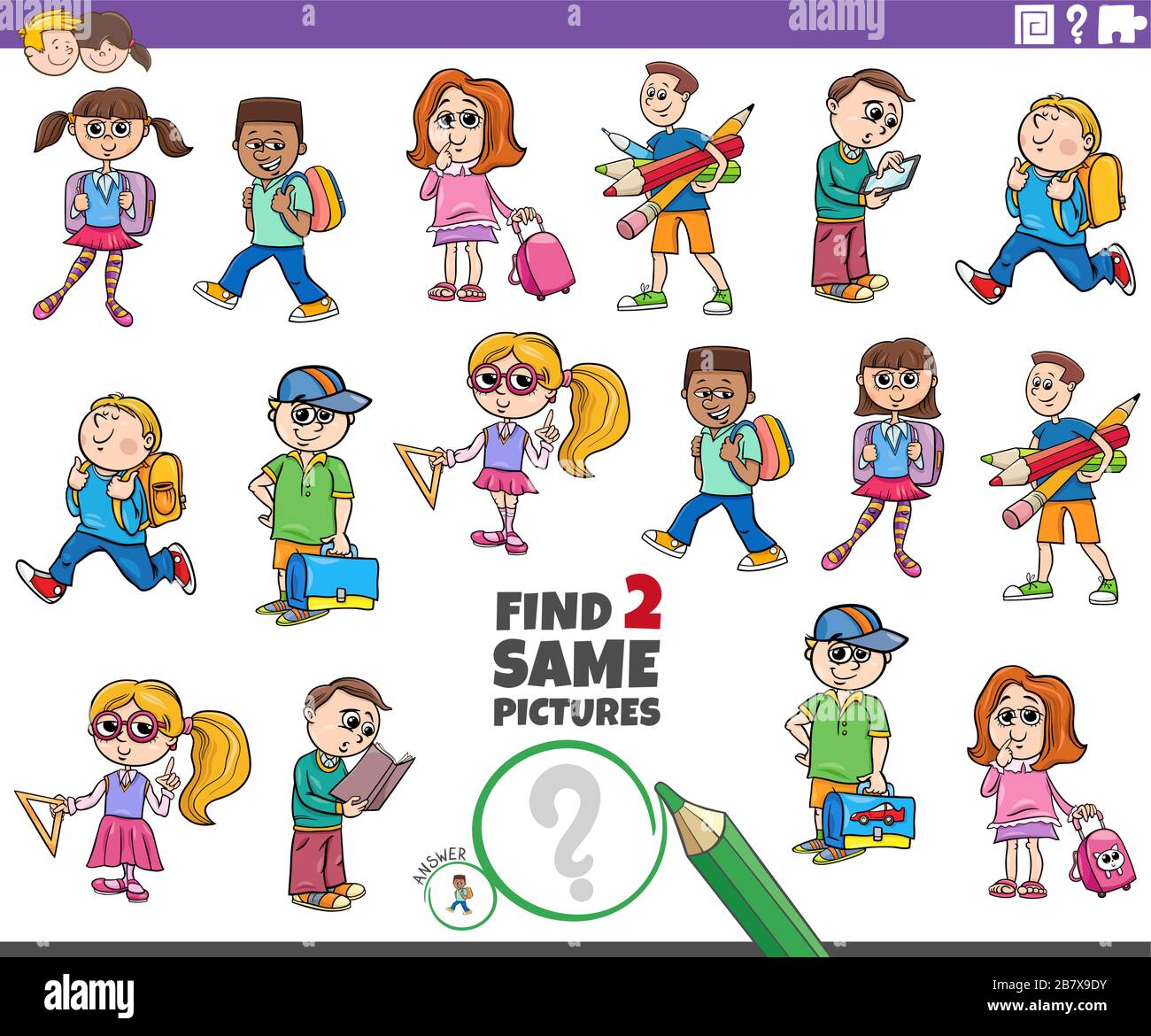 Cartoon Illustration of Finding Two Same Pictures Educational Game for ...