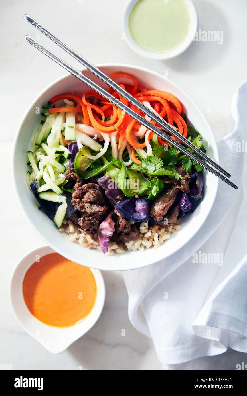 Beef and Rice Poke Bowl Stock Photo - Alamy