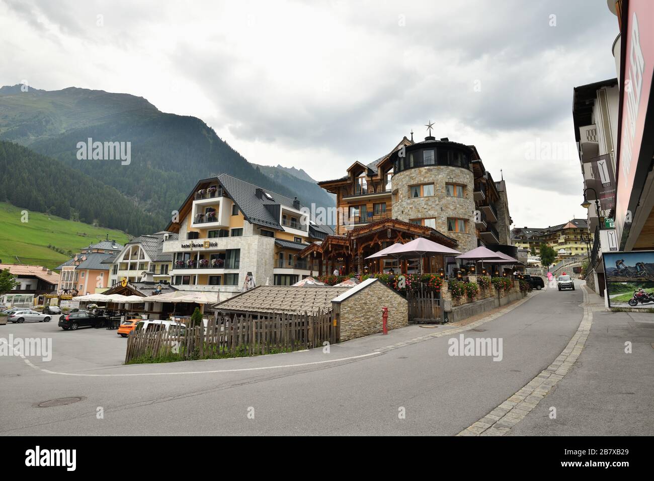 ISCHGL, TYROL, AUSTRIA - AUGUST 28, 2019: Wide angle panorama of Ischgl ...