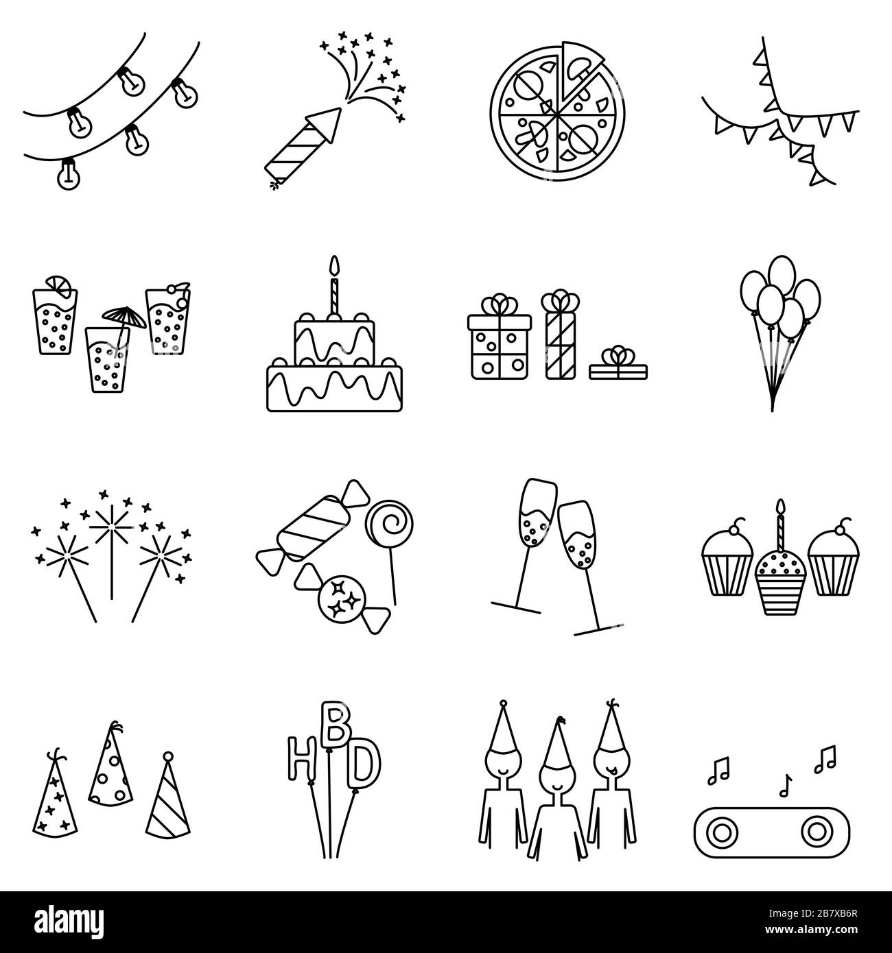 Happy Birthday Party outline vector icon set isolated on white. Festive ...