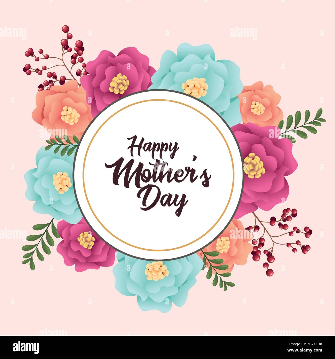 happy mothers day card with flowers circular frame Stock Vector Image ...