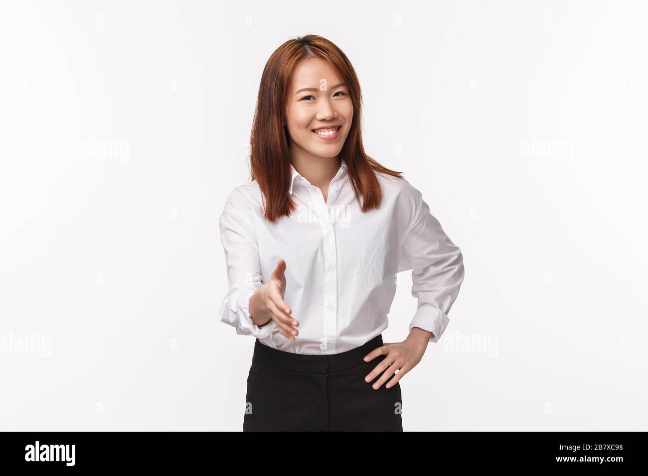 Nice to meet you. Polite and friendly smiling successful businesswoman ...