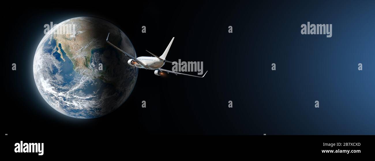 Travel concept of airplane flying around earth. View from space ...