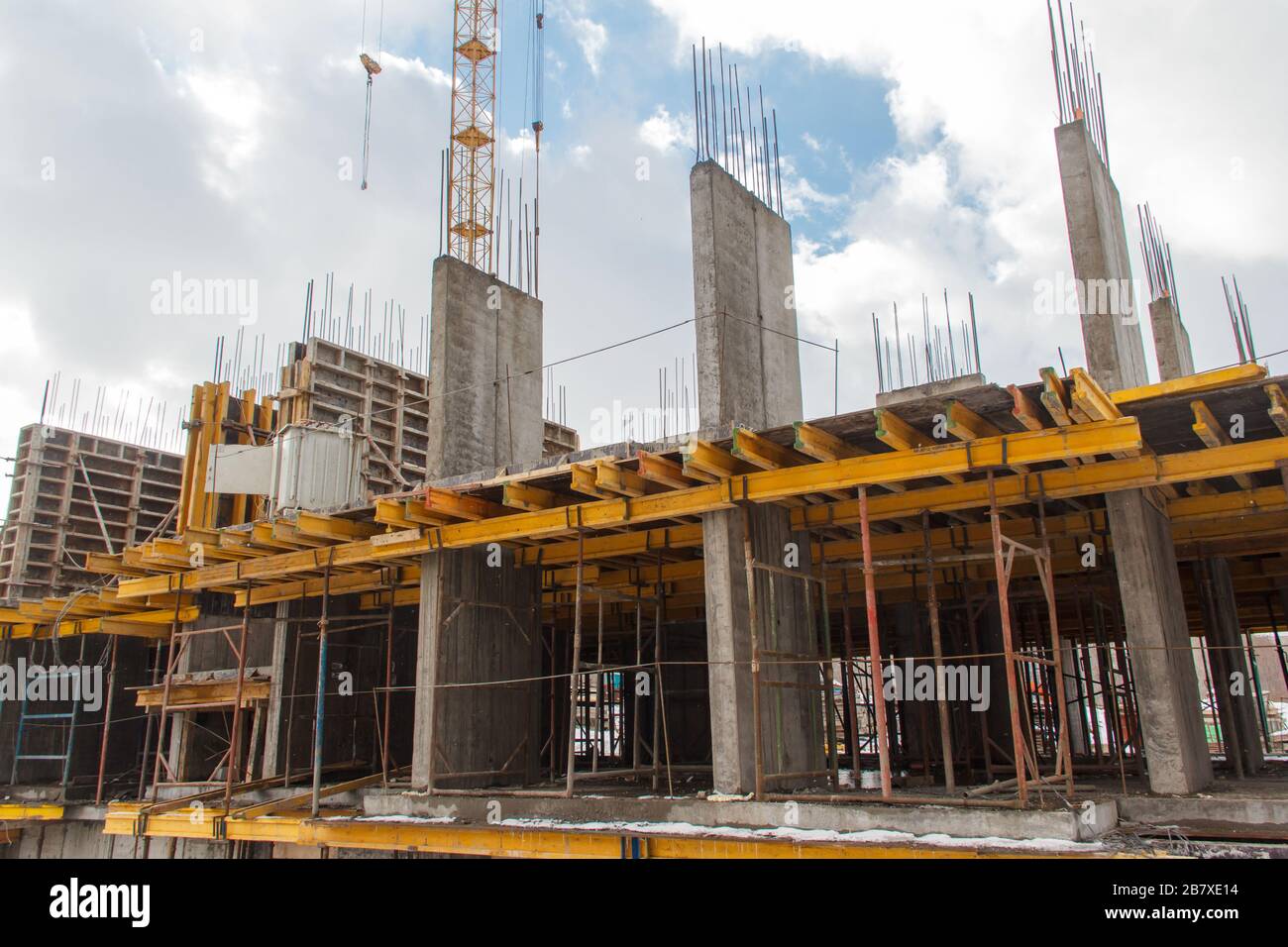 Concrete formwork during the construction of a new building. Reinforced concrete building ...