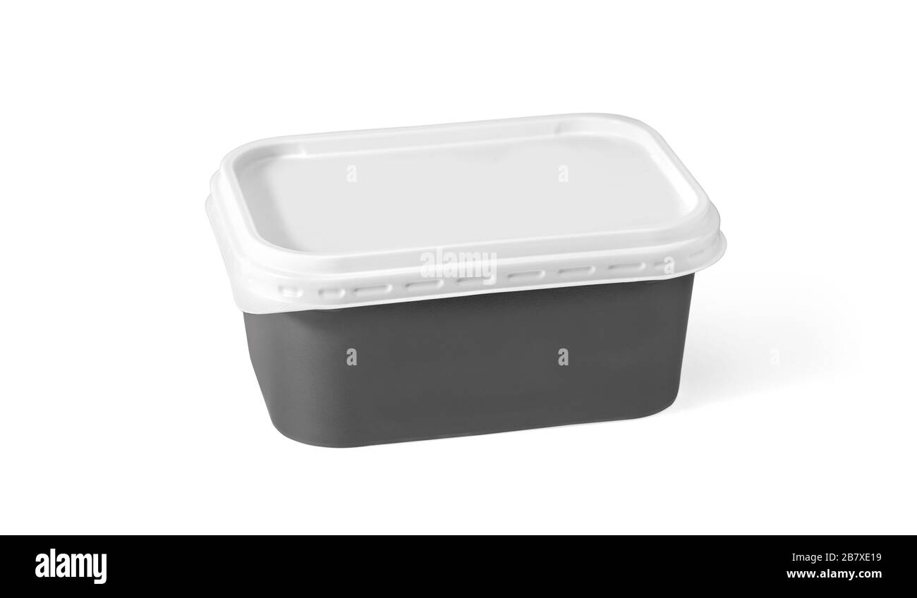 White container for margarine spread, butter or melted cheese, on white ...