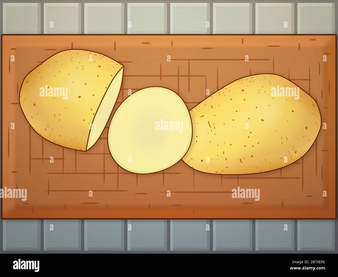 Whole potato, potato cut in half and slice of potato on a wooden ...