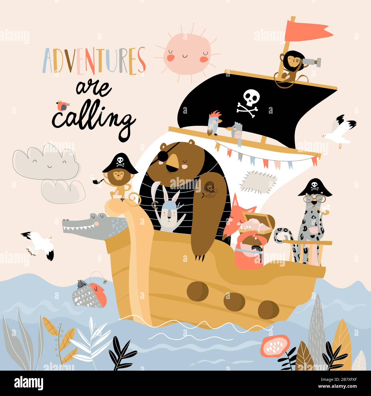 Cute cartoon animals pirates sailing in their ship Stock Vector Image ...