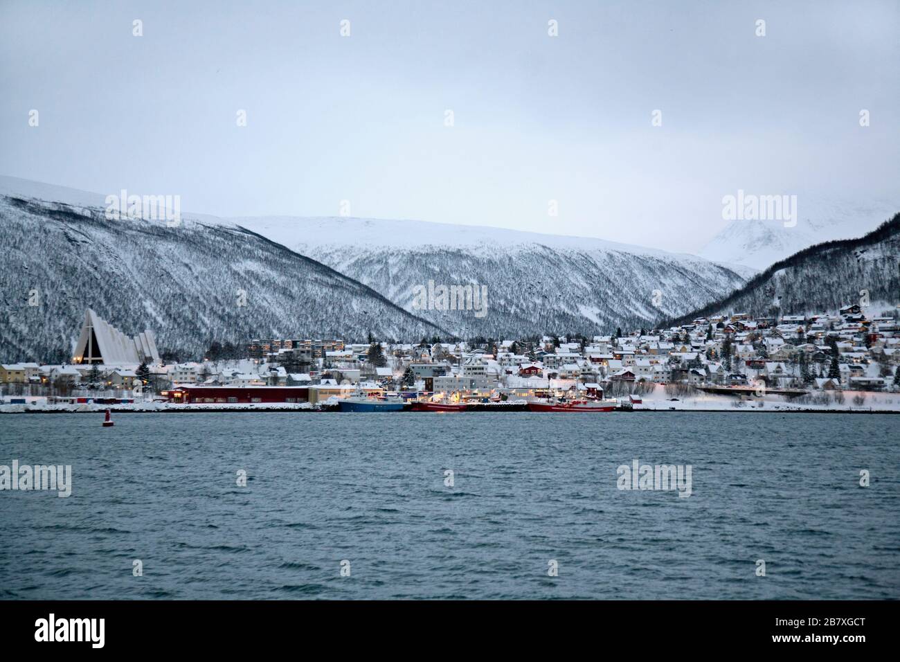 Tromso Harbour and Arctic Cathedral at dusk, Norway Stock Photo - Alamy