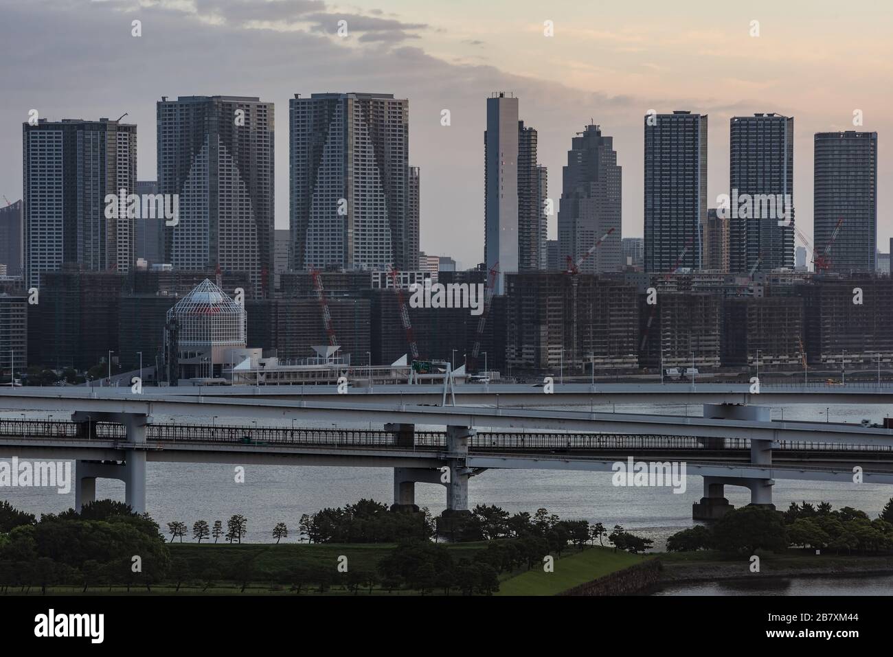 Panoramic modern city skyline bird eye aerial view of Tokyo bay in the ...