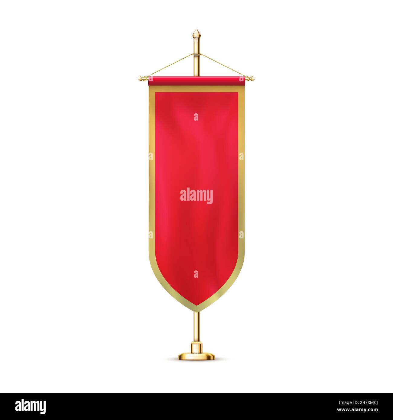 Blank red pennant flag mockup banner hanging golden rack pole realistic ...