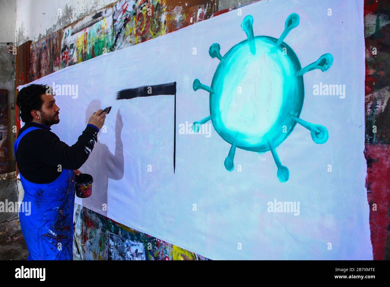 Syria. 17th Mar, 2020. The captured pictures show the painter Aziz Al ...