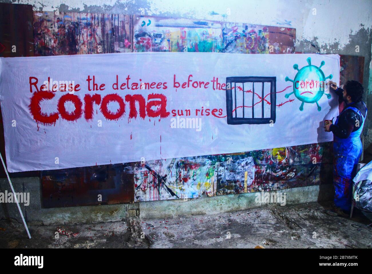 Syria. 17th Mar, 2020. The captured pictures show the painter Aziz Al ...