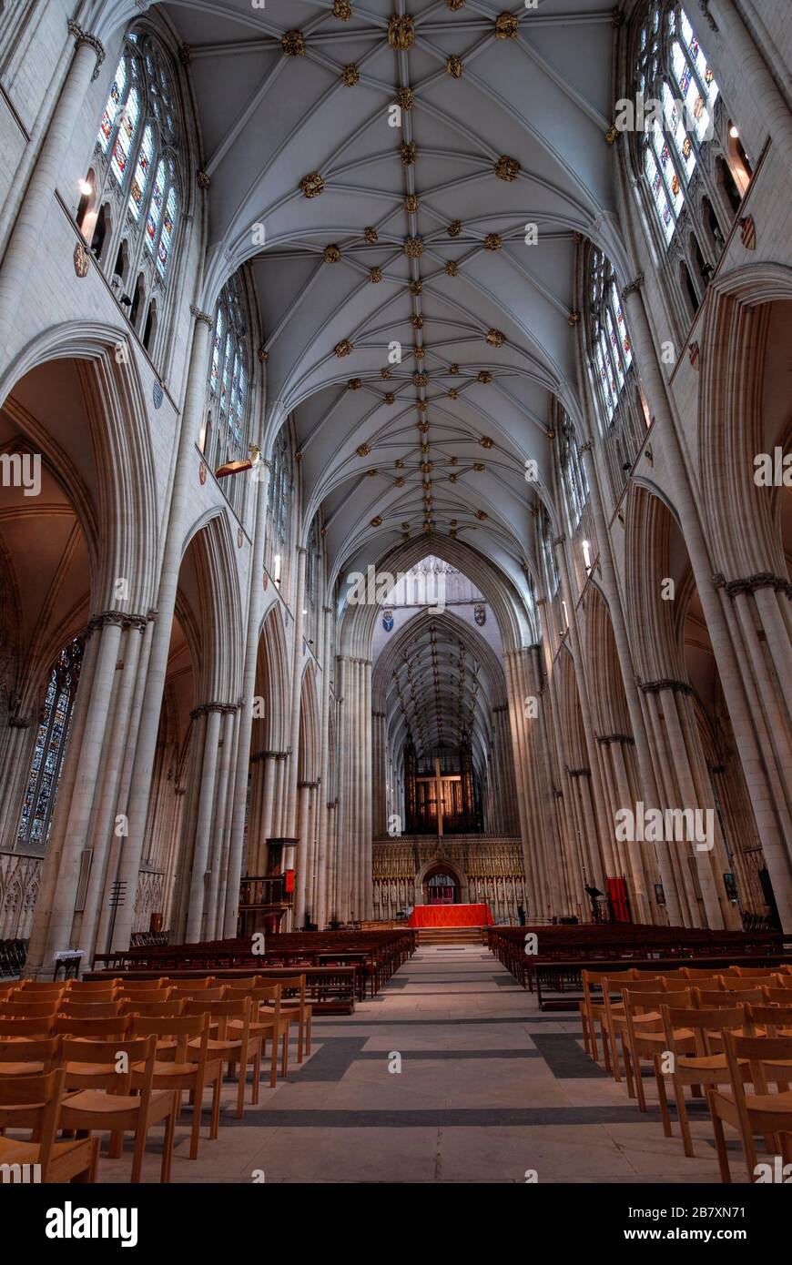 The interior of the Gothic style Nave at York Minster in York, Britain ...