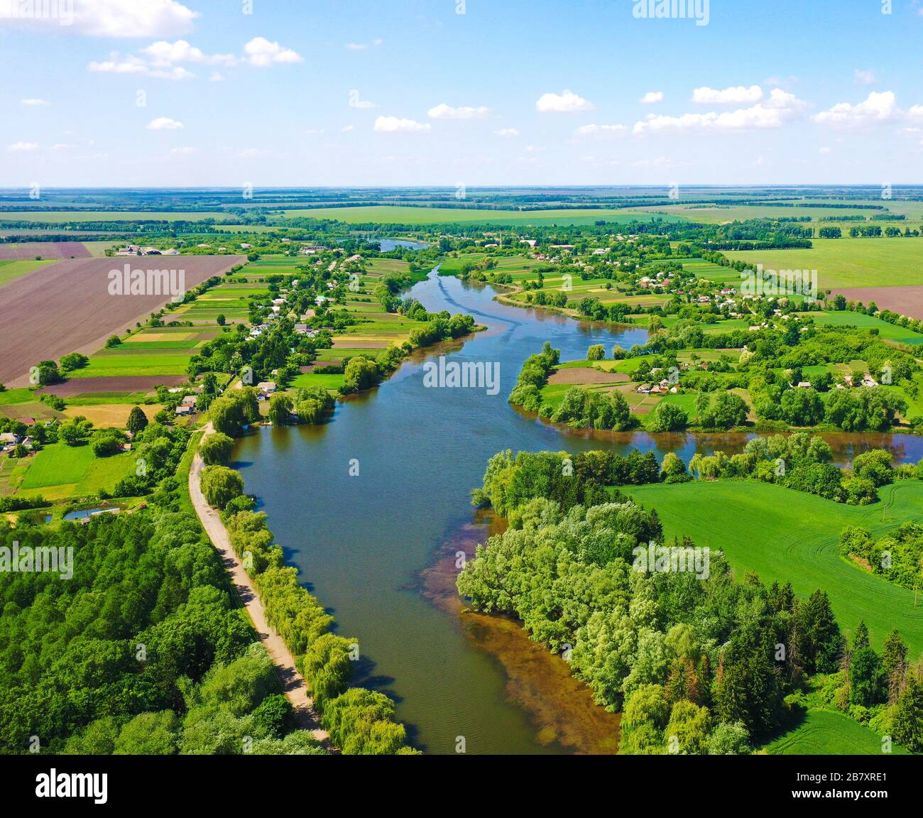 Top view aerial shot of green field and blue river in the summer ...