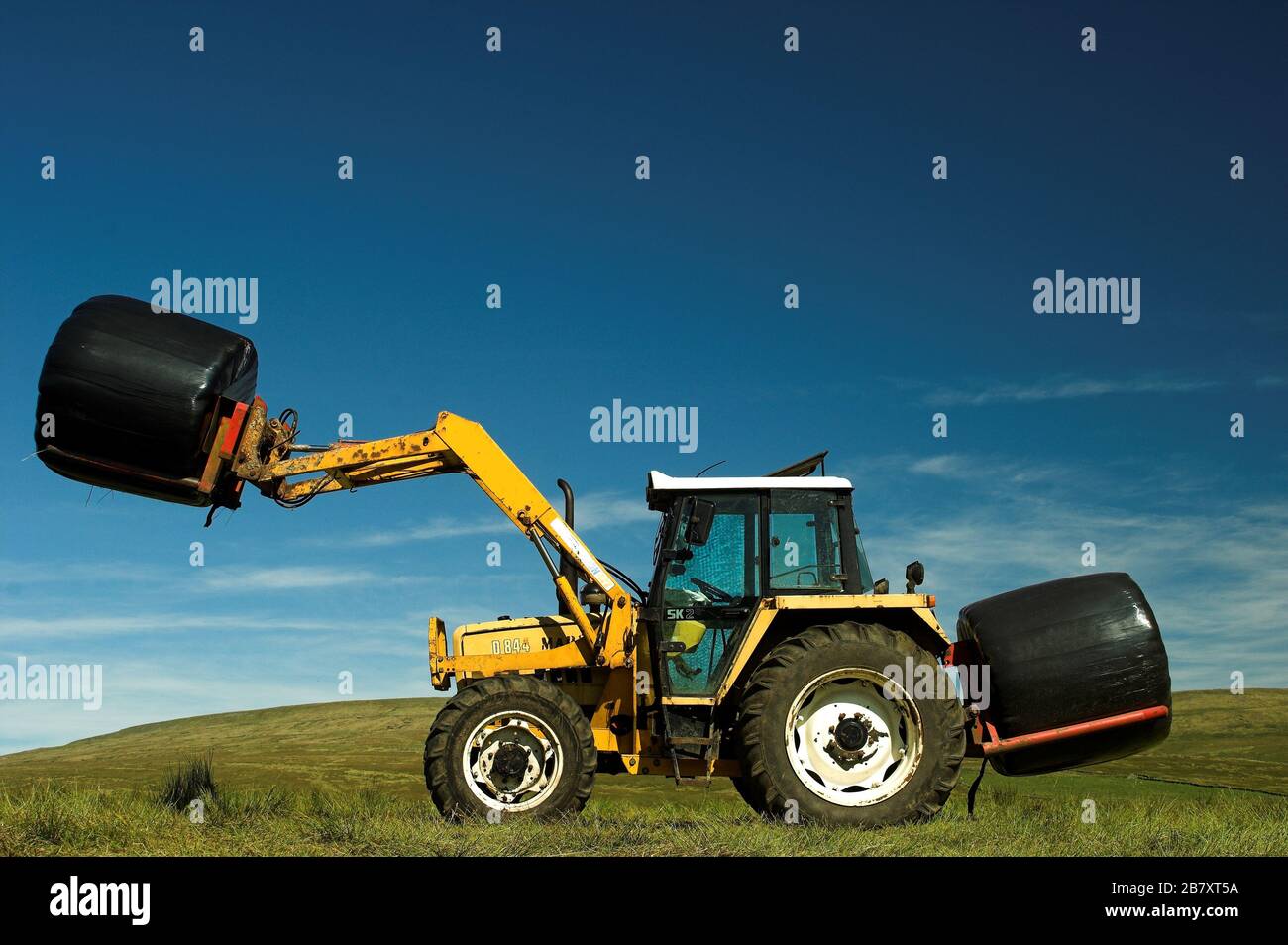 Tractor carrying a newly wrapped big bale with a grab on a front end ...