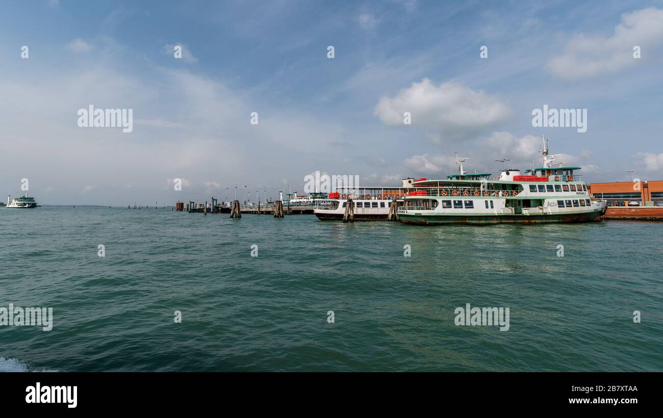 Some ferries at the Tronchetto ferry terminal station at Venice, Italy ...