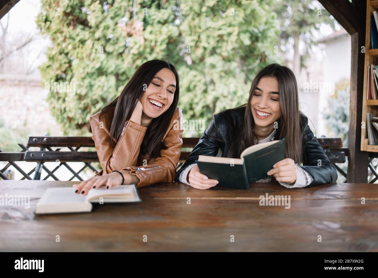 Brunette girls looking at book and laughing in pavilion Stock Photo - Alamy