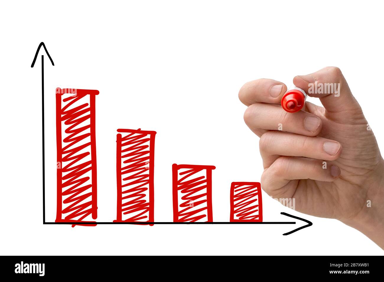 Financial crisis concept. Male hand drawing a declining chart on a ...
