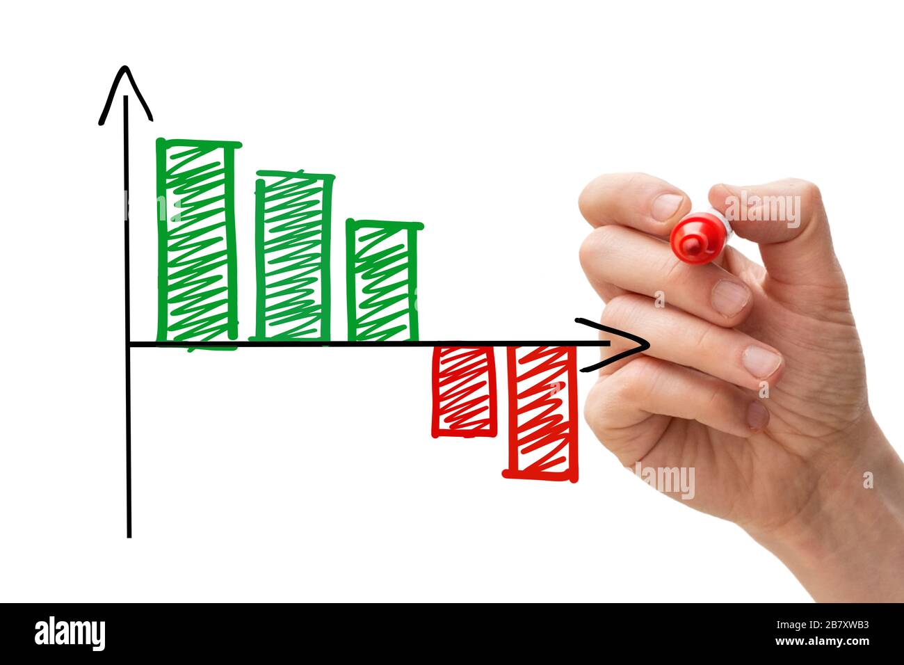 Financial crisis concept. Male hand drawing a declining chart on a ...