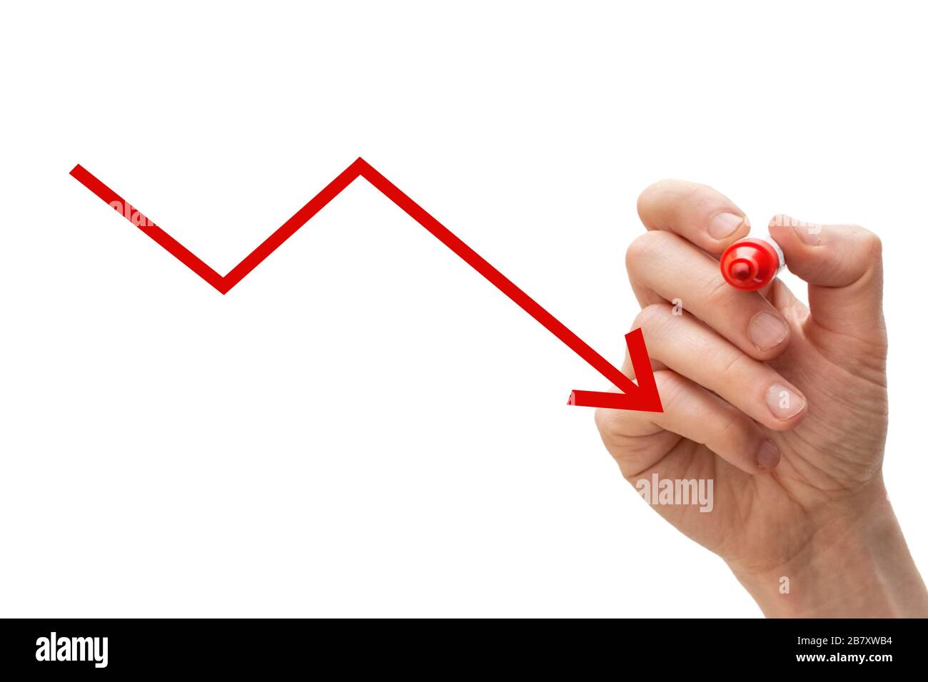 Male hand drawing a downward trend arrow on a whiteboard Stock Photo ...