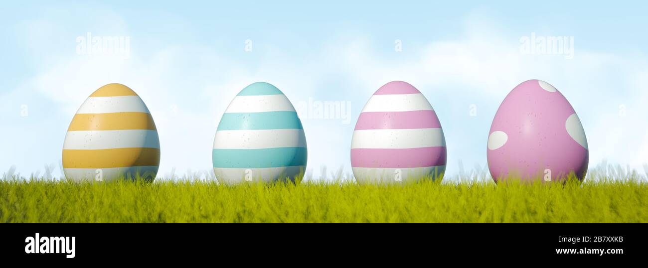 Row of Easter eggs on grass with a sky background - 3D illustration ...