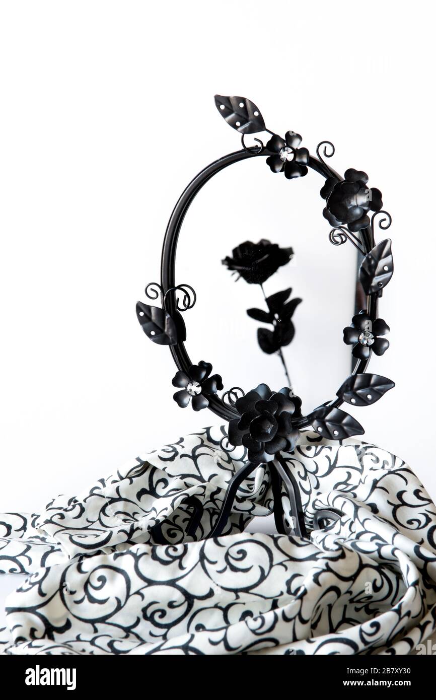 Black Mirror with rose on white background. Sympathy, Sorrow and ...