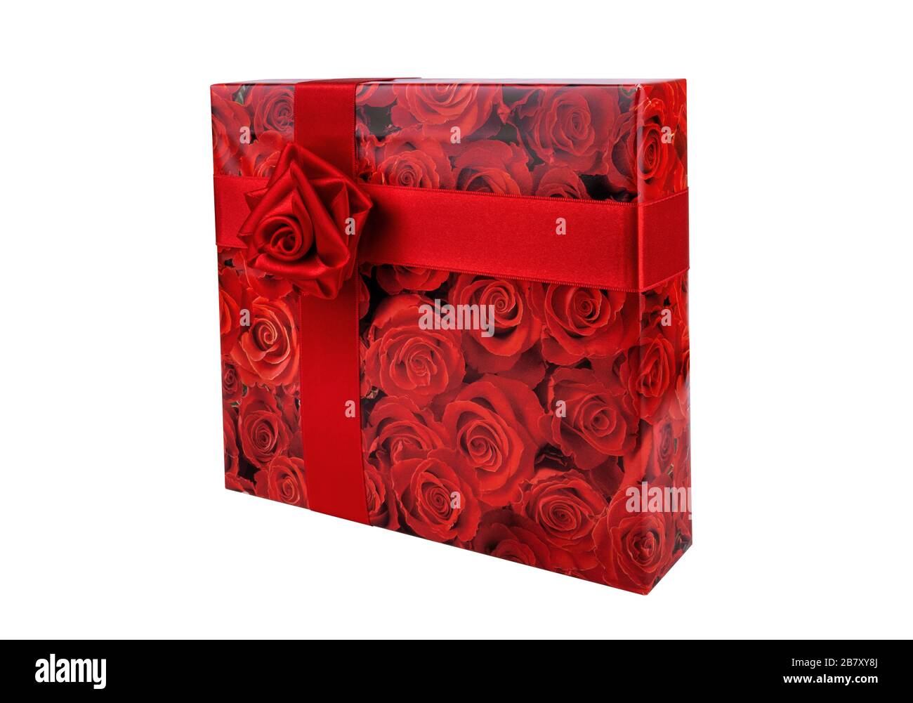 red roses gift box with ribbon on a white background Stock Photo - Alamy