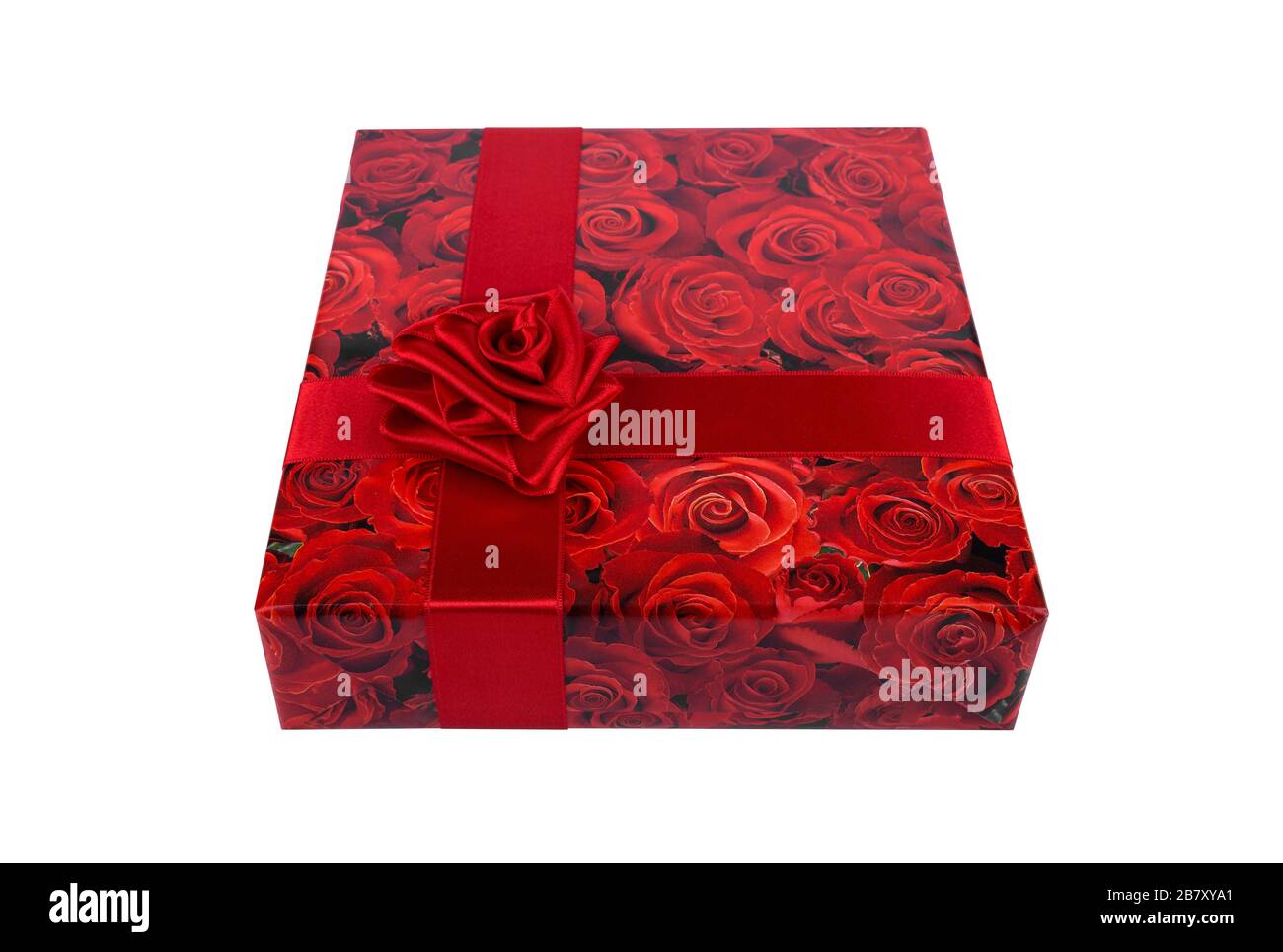 red roses gift box with ribbon on a white background Stock Photo - Alamy