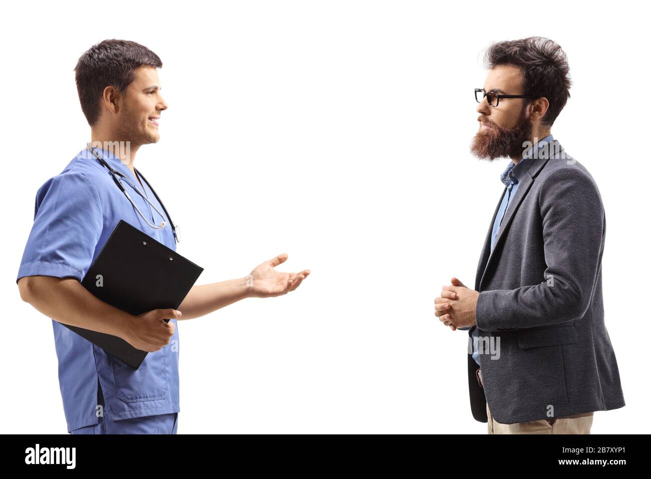 Doctor in a blue uniform talking to a bearded man isolated on white ...