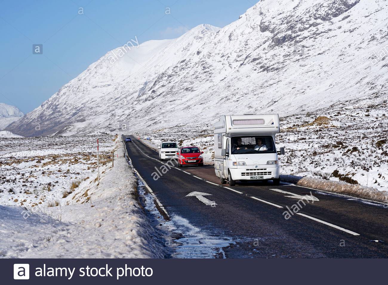 Sun and snow in the Scottish Highlands, A82 road at Rannoch Moor ...