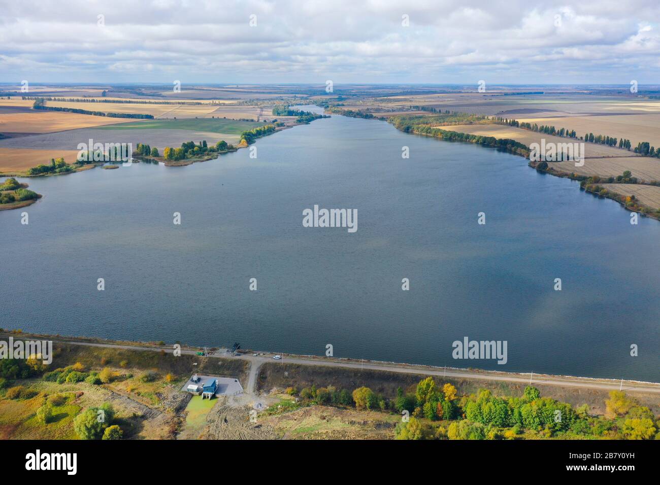 Reservoir. Pond. Drone arial view Ukrainian open spaces. Lakes, water ...