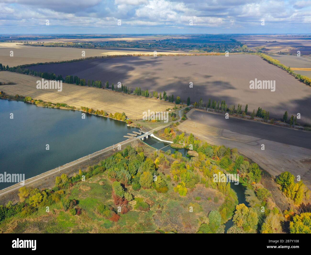 Reservoir. Pond. Drone arial view Ukrainian open spaces. Lakes, water ...