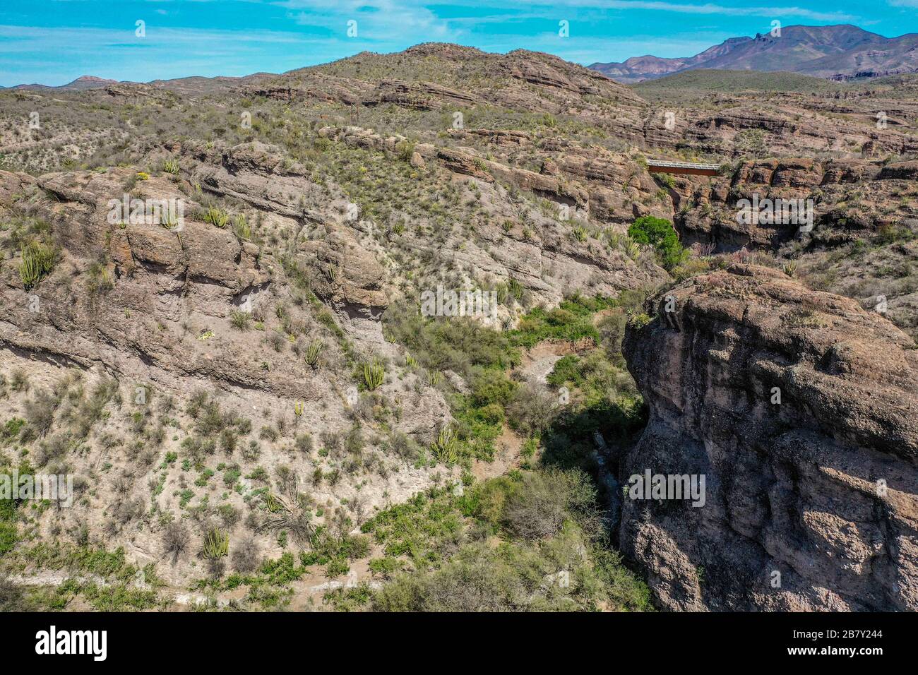 Aerial view of landscape, Sierra de Arizpe, Sonora, Mexico. March 2020 ...