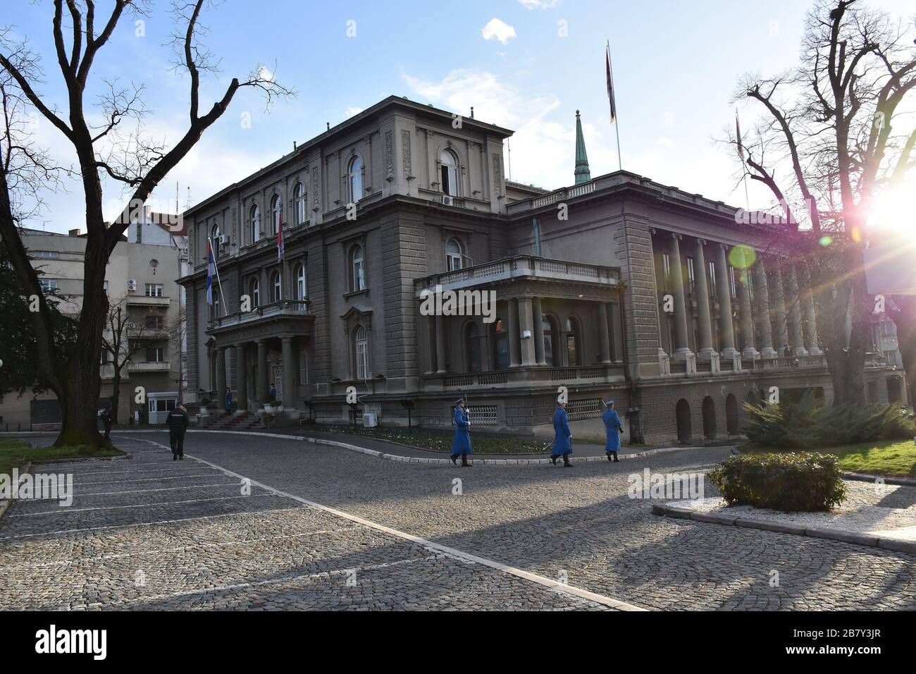 Historic state institution magnificent building with a guard in blue ...
